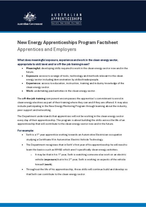 New Energy Apprenticeships Program Apprentice and Employer Factsheet ...